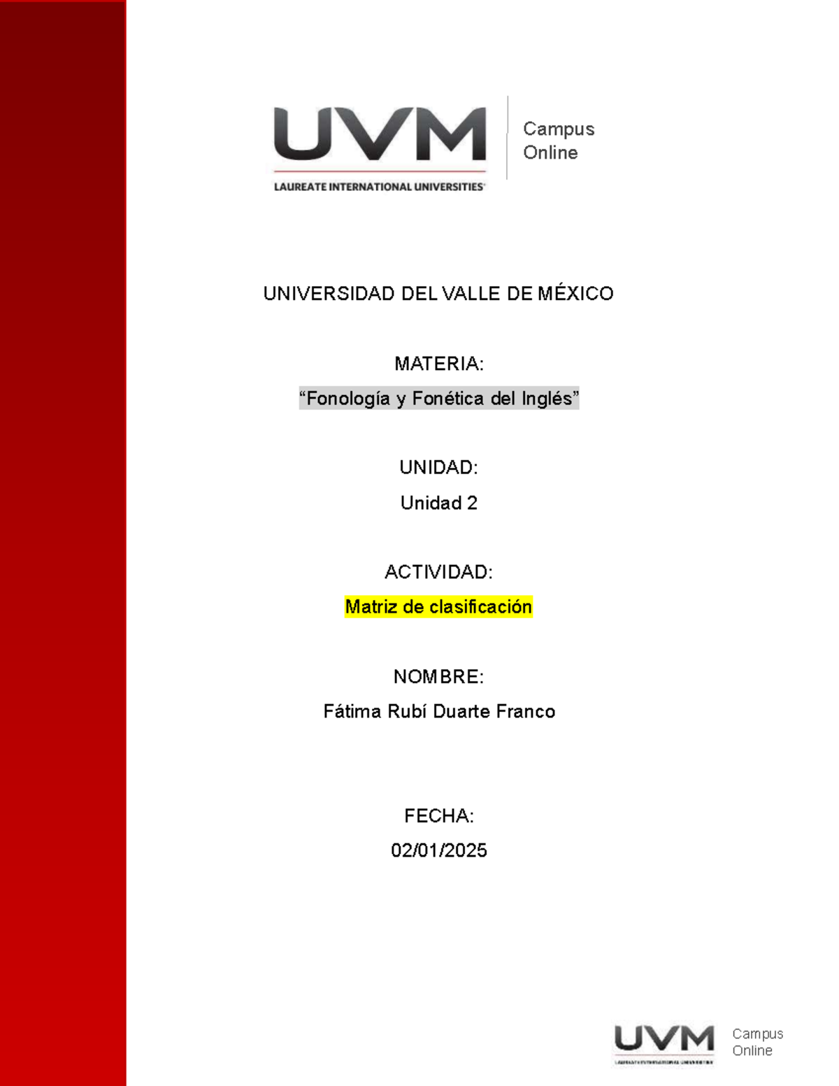 A#3 FRDF - Matriz de Clasificación de Fonología en Inglés - Studocu