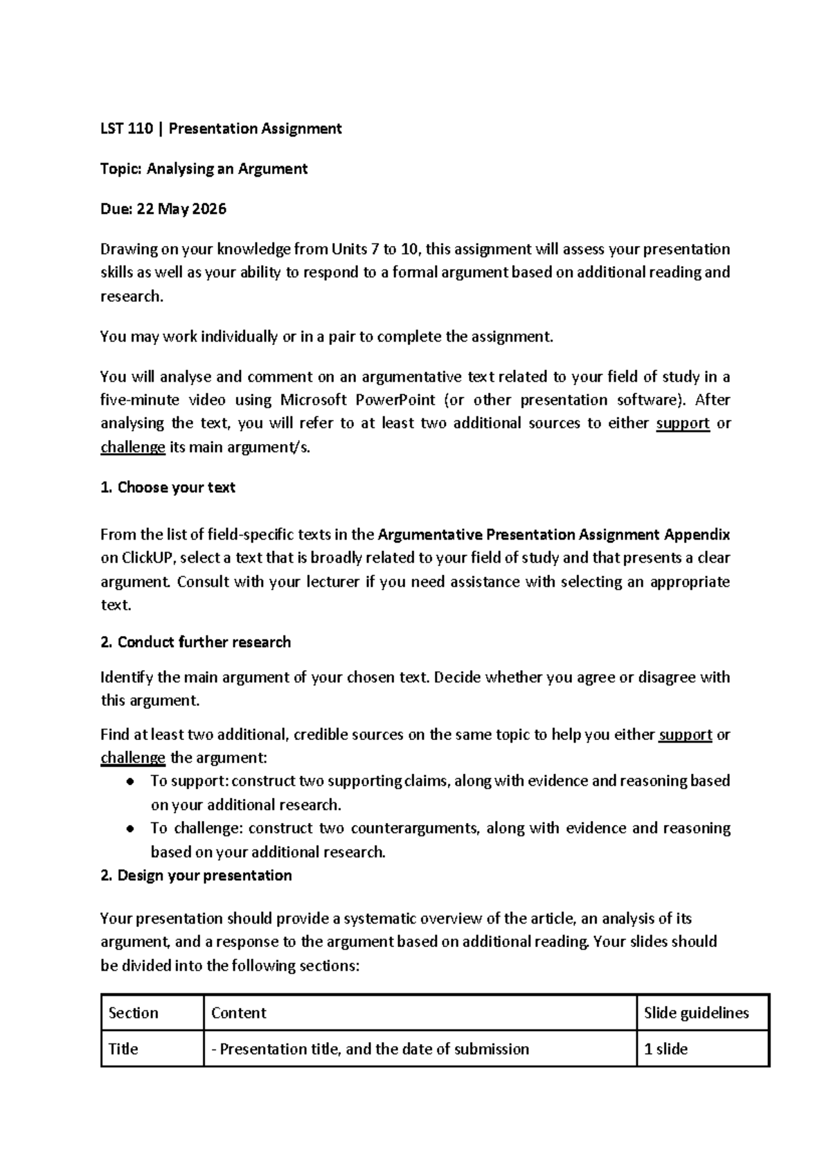 LST 110 Argumentative Presentation Assignment Guidelines - Studocu
