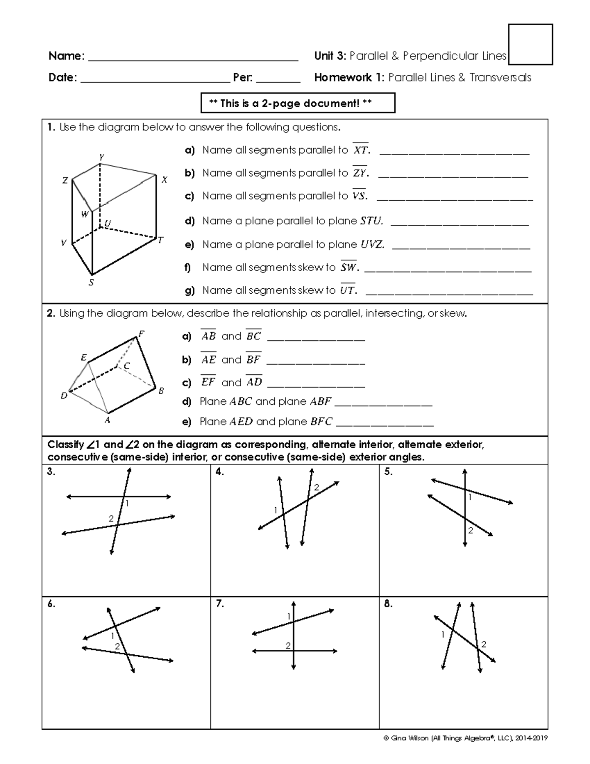 Unit 3: Parallel & Perpendicular Lines - Homework 1 Transversals - Studocu