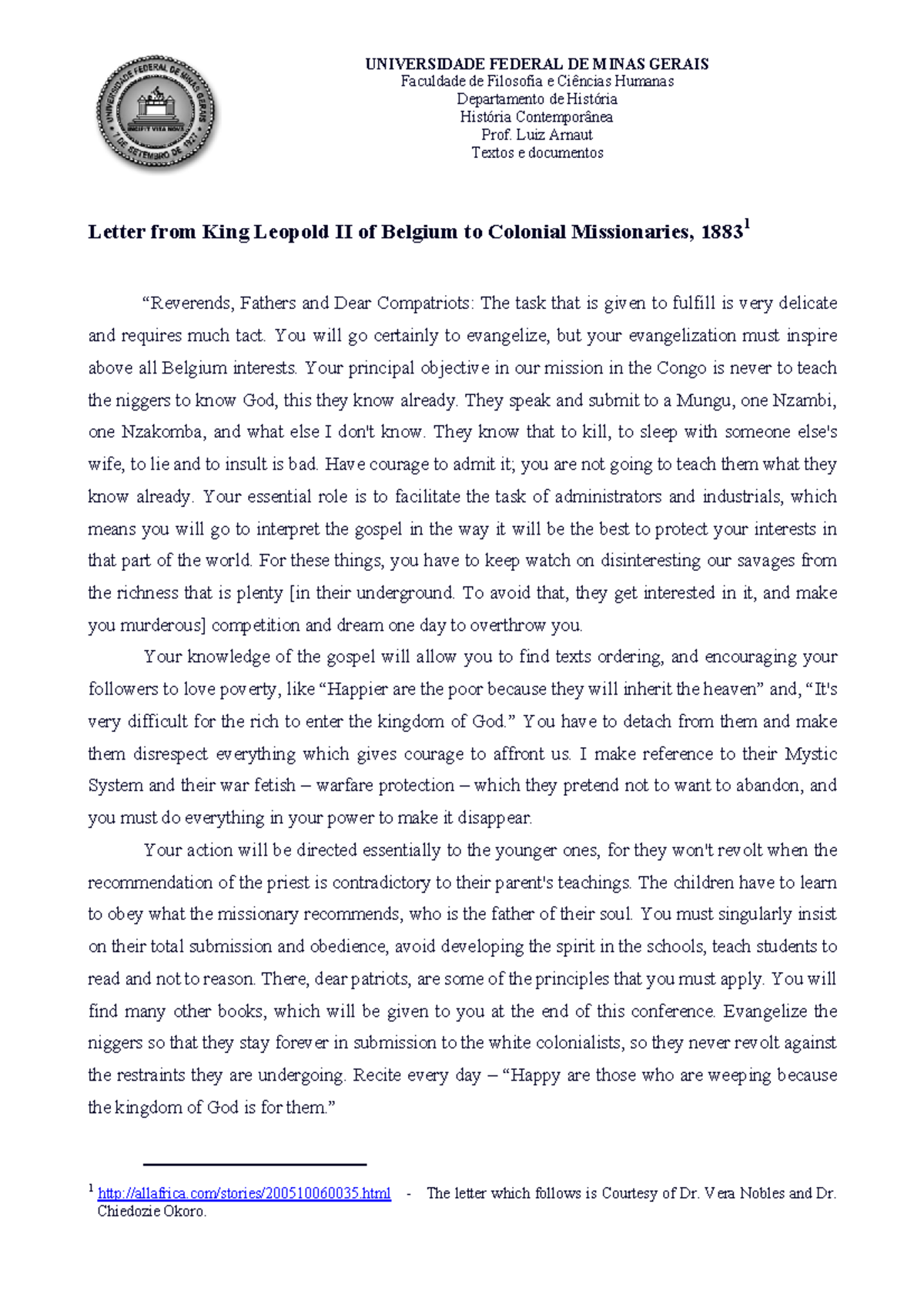 Letter from King Leopold II to Colonial Missionaries (1883): A Critical ...