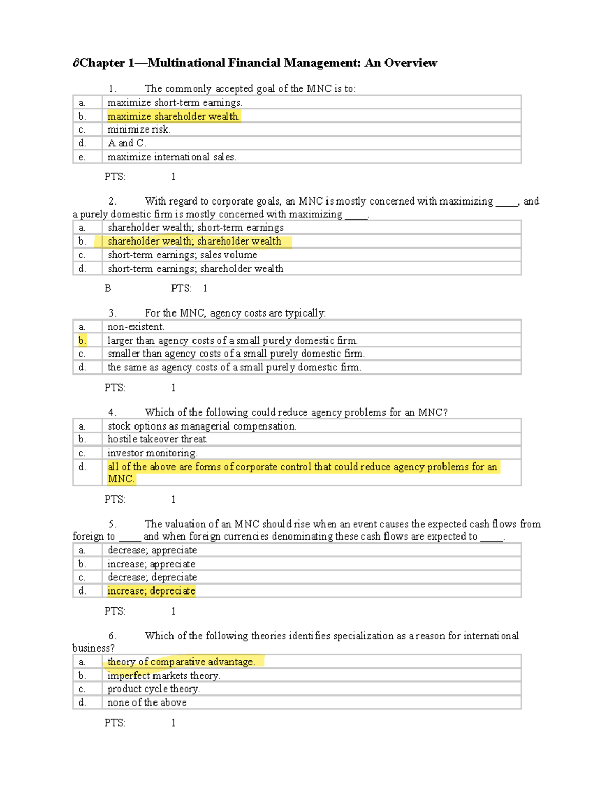 Multinational Financial Management: Question Bank for Chapter 1 - Studocu