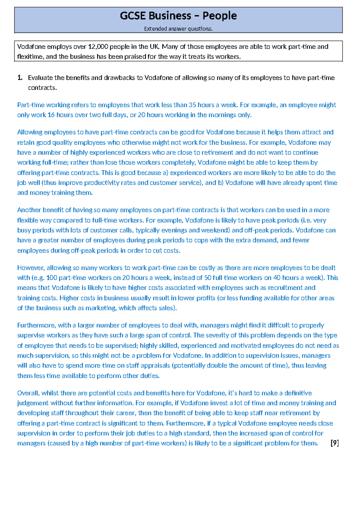 People Extended Answer part time Model Answer - GCSE Business – People ...