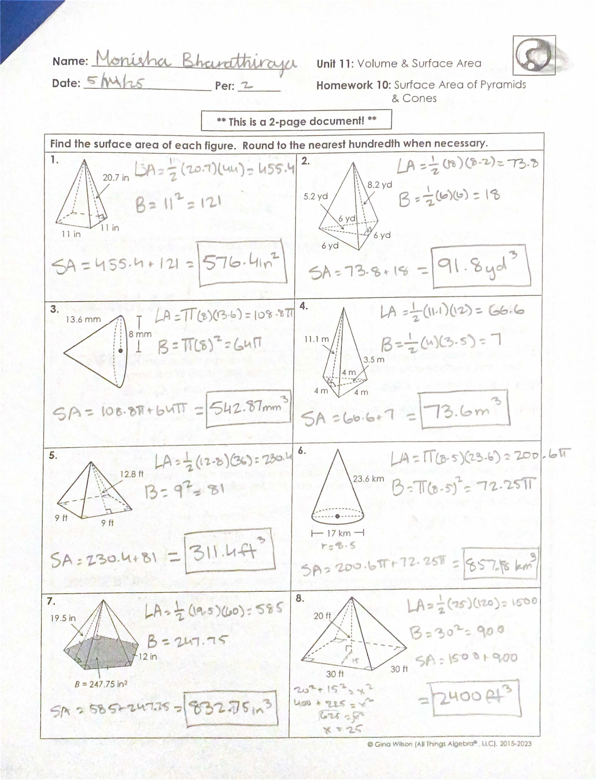 Geometry Unit 11: Homework 10 - Surface Area of Pyramids & Cones - Studocu