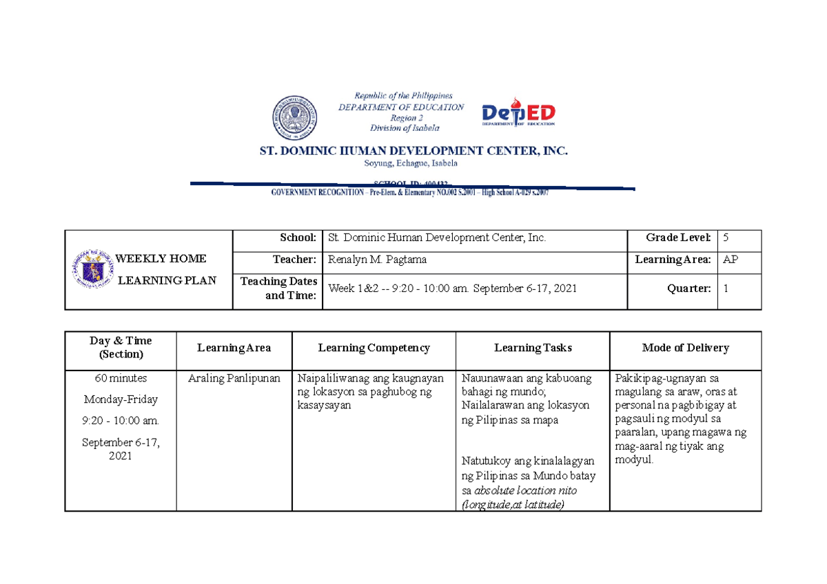 Q1 AP5 - Learning Plan for Araling Panlipunan in Grade 5 - Studocu