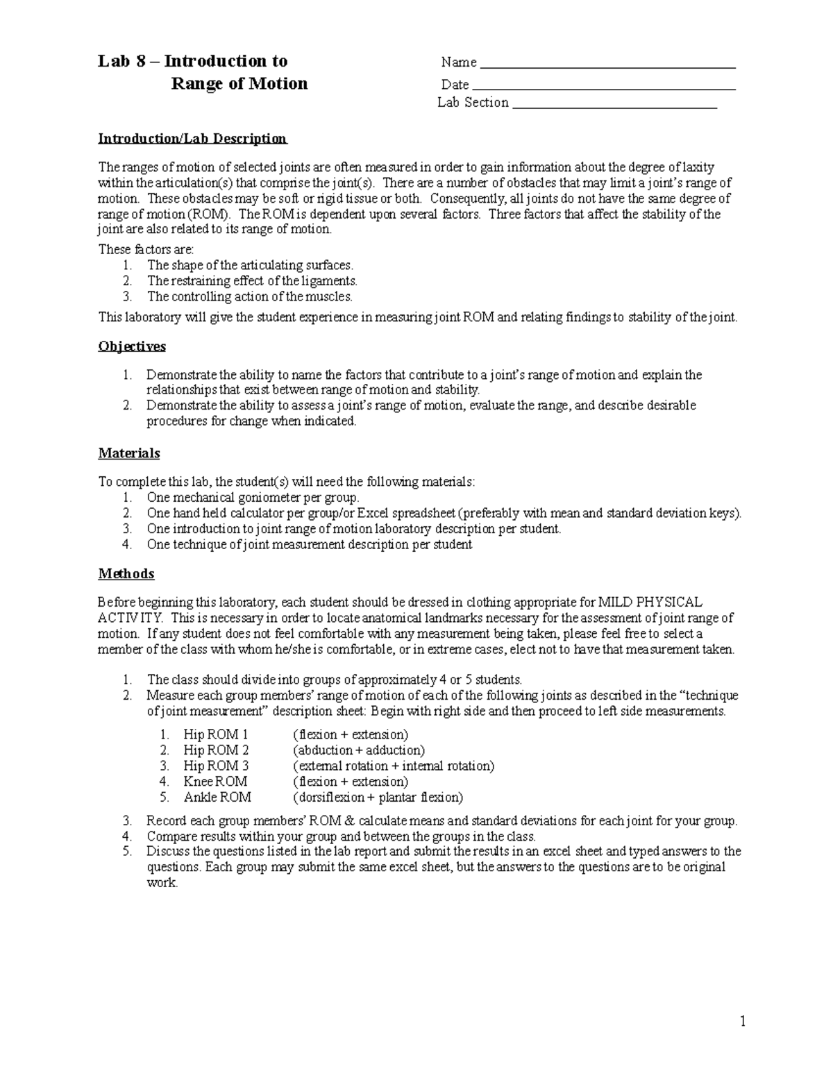 Lab 8 - Lower Body Range of Motion Assessment and Analysis - Studocu