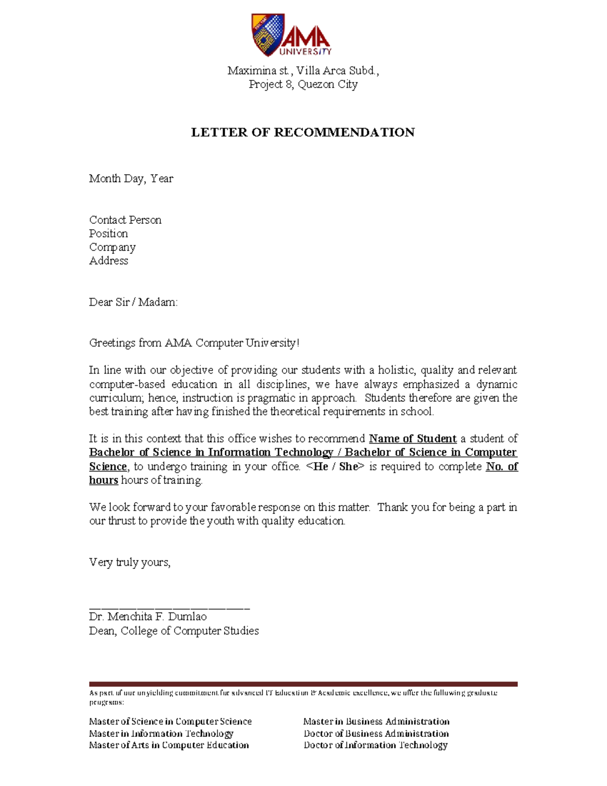 003 - Recommendation Letter for IT Students at AMA University - Studocu