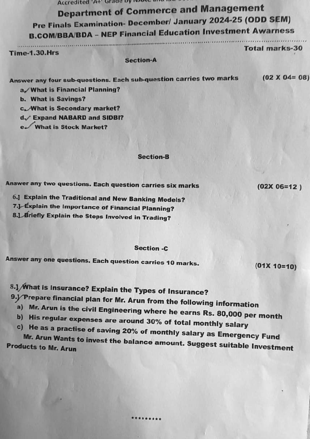 Bcom-FE IA-Sample QP - sample question paper - Accredited Department of Commerce and Management ...