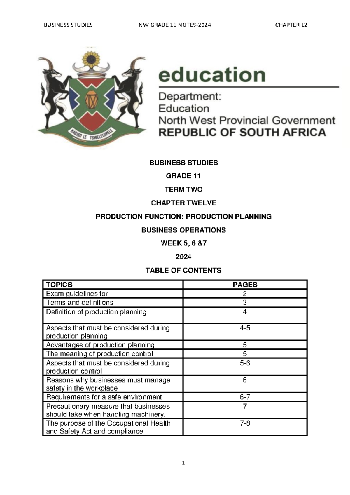2024 BSTD Grade 11 Business Studies Week 5-7: Production Planning ...