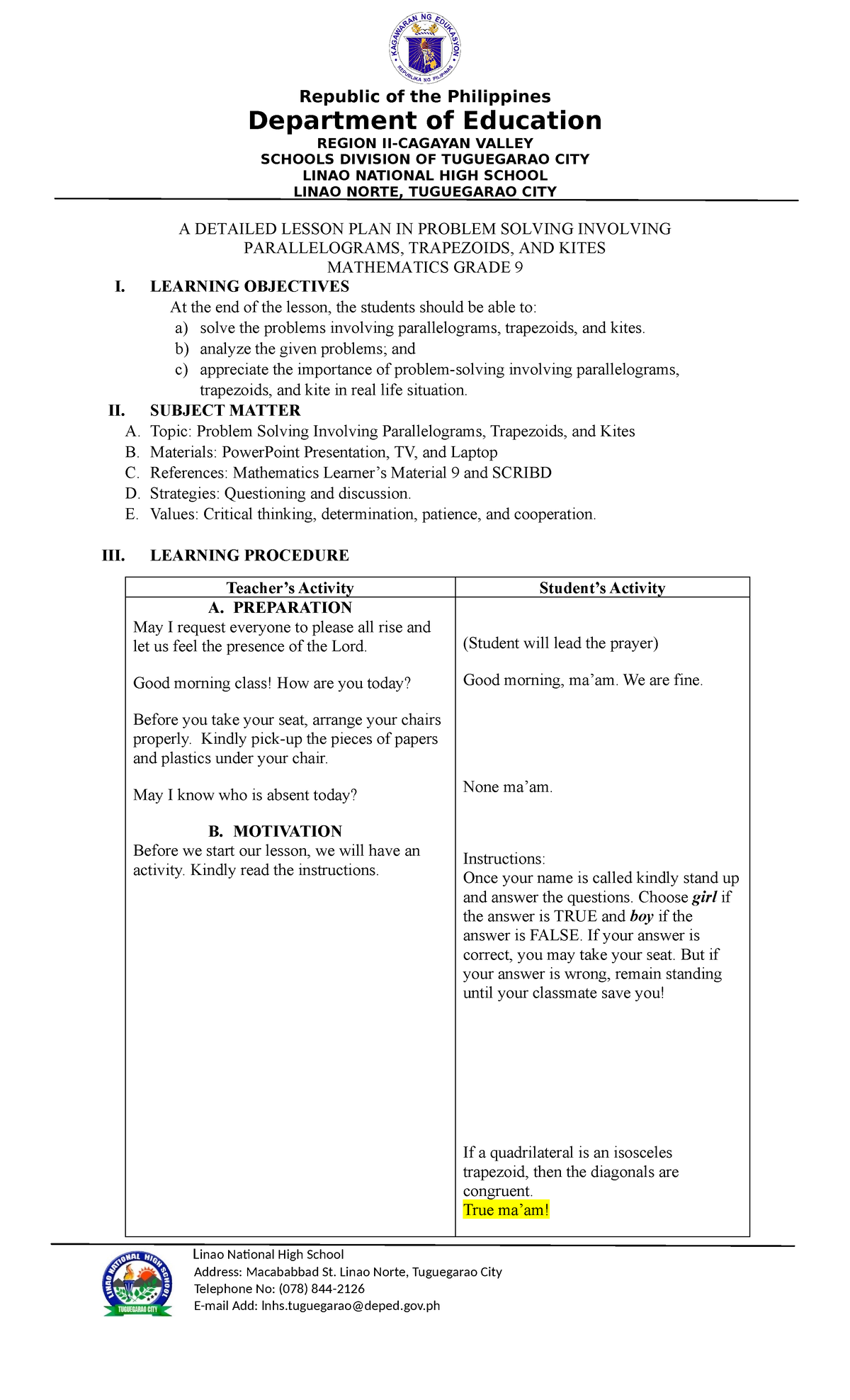 Detailed Lesson Plan: Problem Solving with Parallelograms, Trapezoids ...