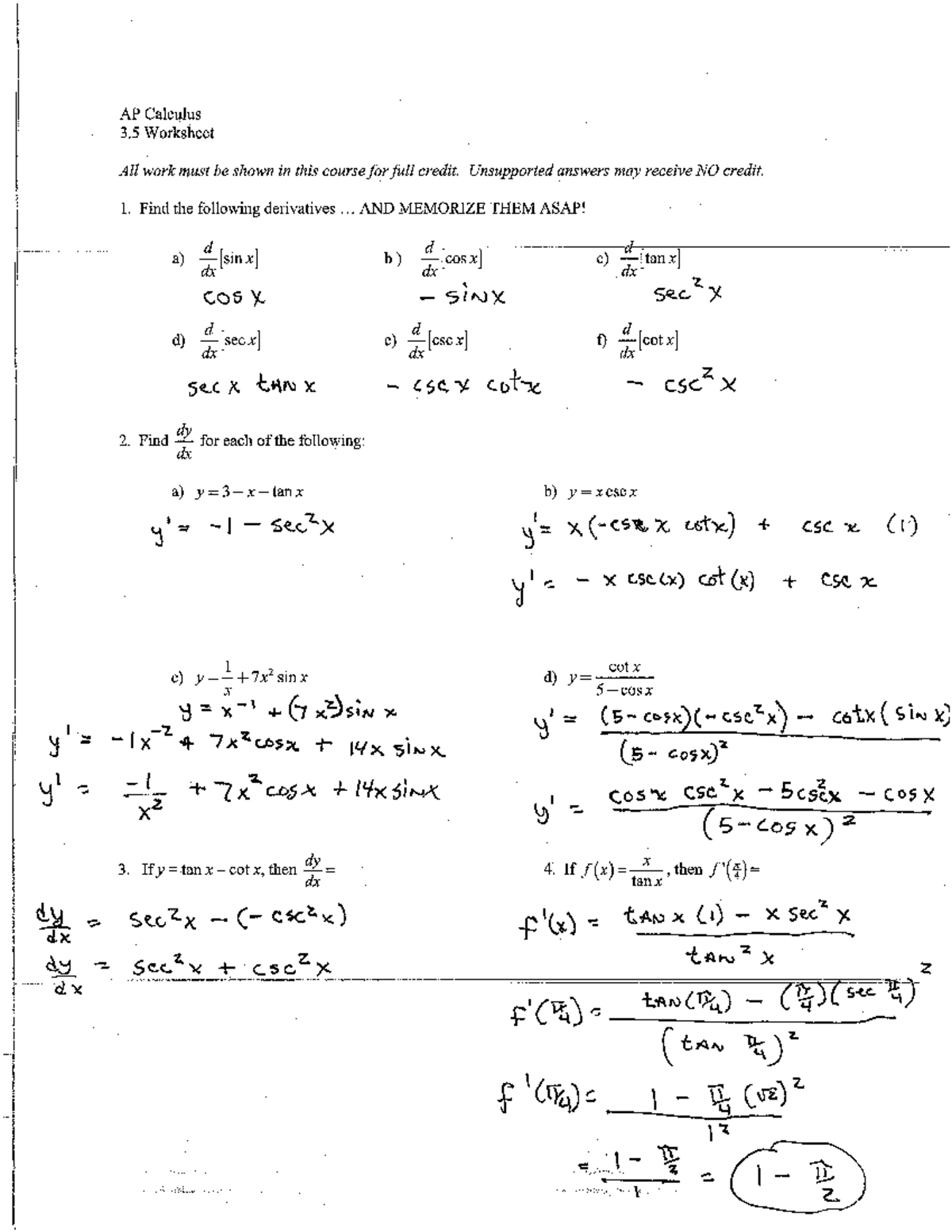 AP Calculus 3.5 Worksheet Answers: Derivatives and Tangent Lines - Studocu