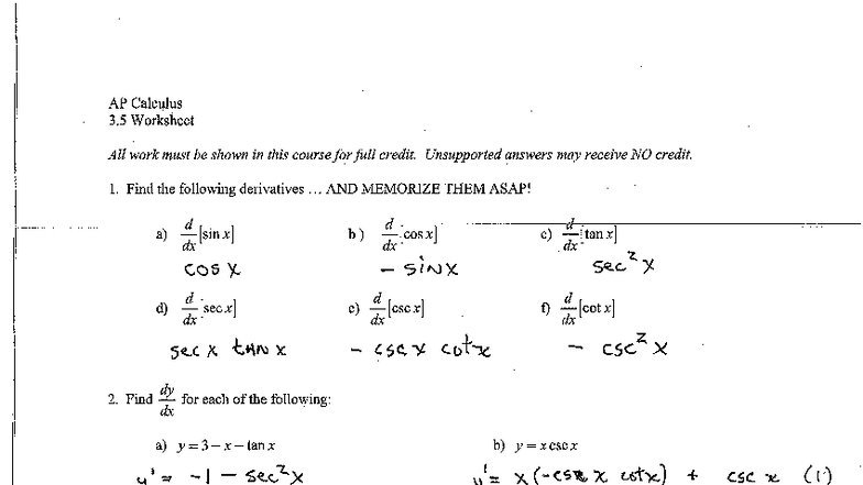 AP Calculus 3.5 Worksheet Answers: Derivatives and Tangent Lines - Studocu