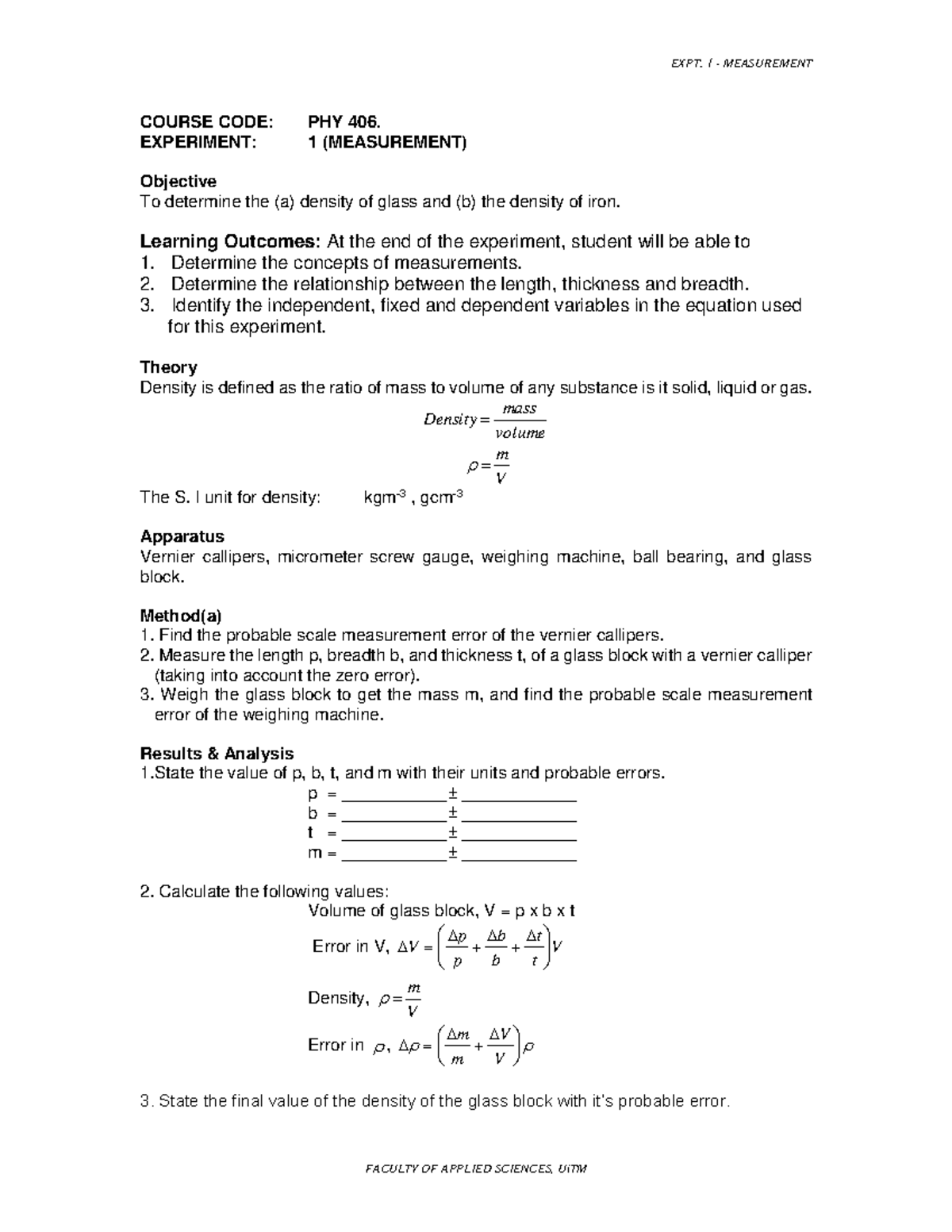 Lab Manual PHY 406: Experiment References on Measurements & Motion ...