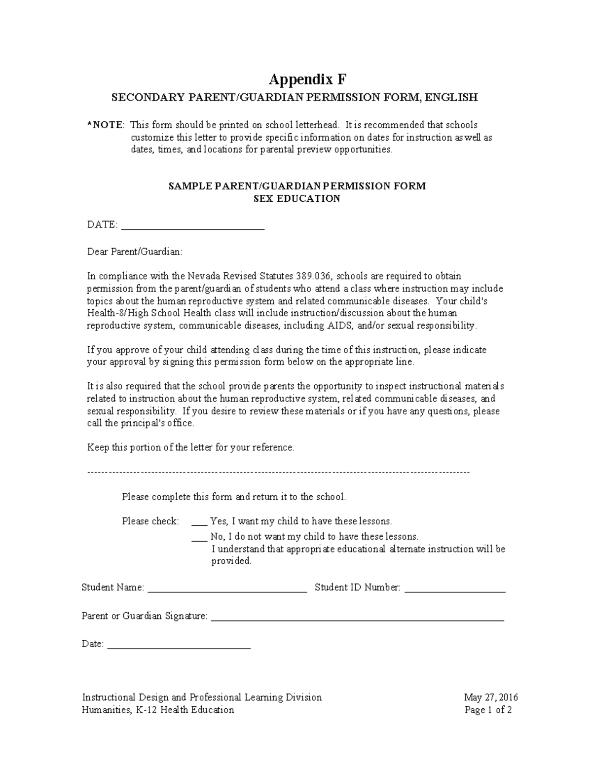Secondary Permissions Slips 2020 - Appendix F SECONDARY PARENT/GUARDIAN ...