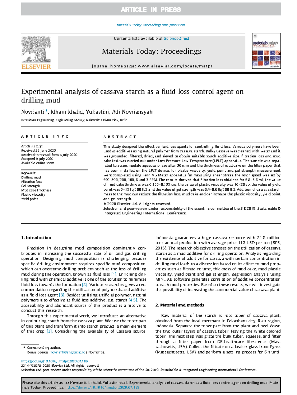 Experimental Analysis of Cassava Starch as a Fluid Loss Control Agent ...