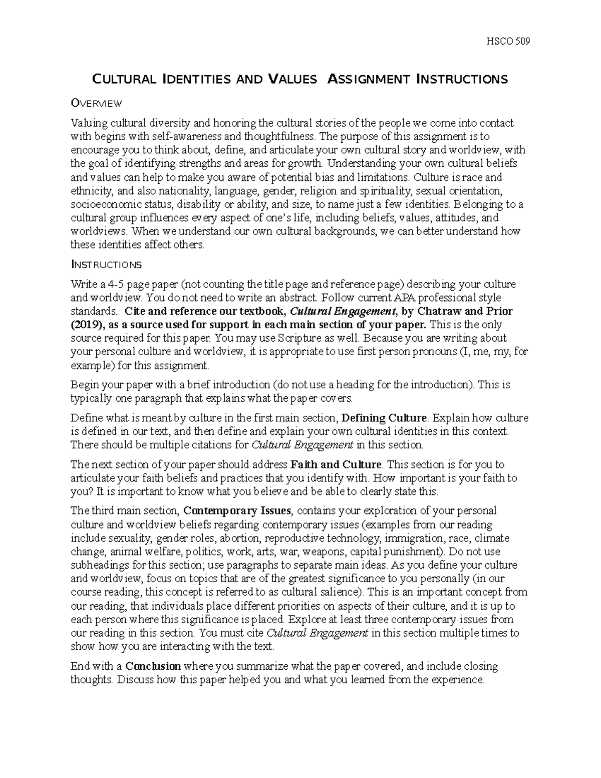 HSCO 509 Cultural Identities & Values Assignment Overview and ...
