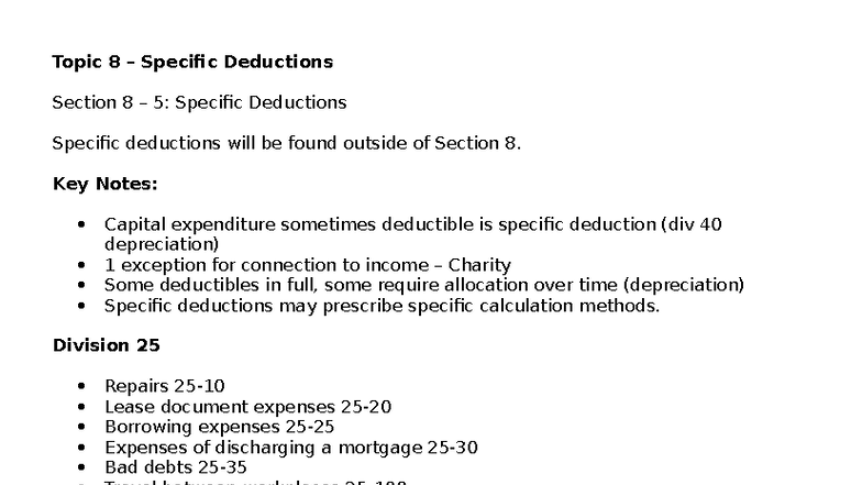 Topic 8: Specific Deductions Overview and Key Notes - Studocu