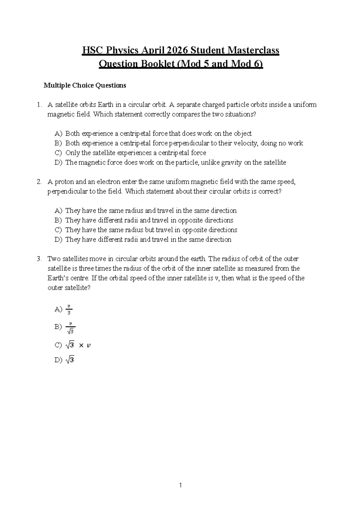 April 2026 HSC Physics Student Masterclass - Mod 5 & 6 MCQ and Short ...
