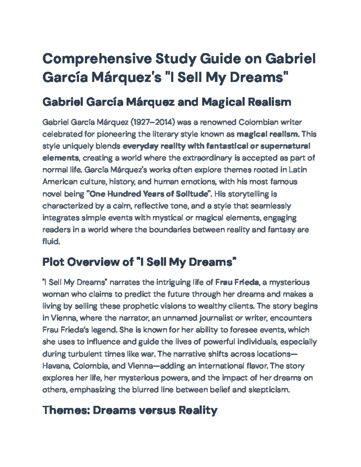 Comprehensive Study Guide: Gabriel García Márquez's "I Sell My Dreams ...