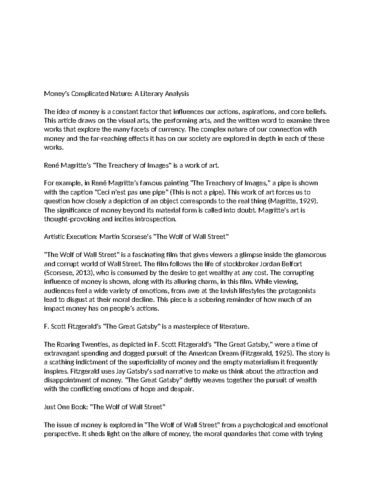 1-2 Short Answer - Analyzing Money's Influence in Creative Works - Studocu