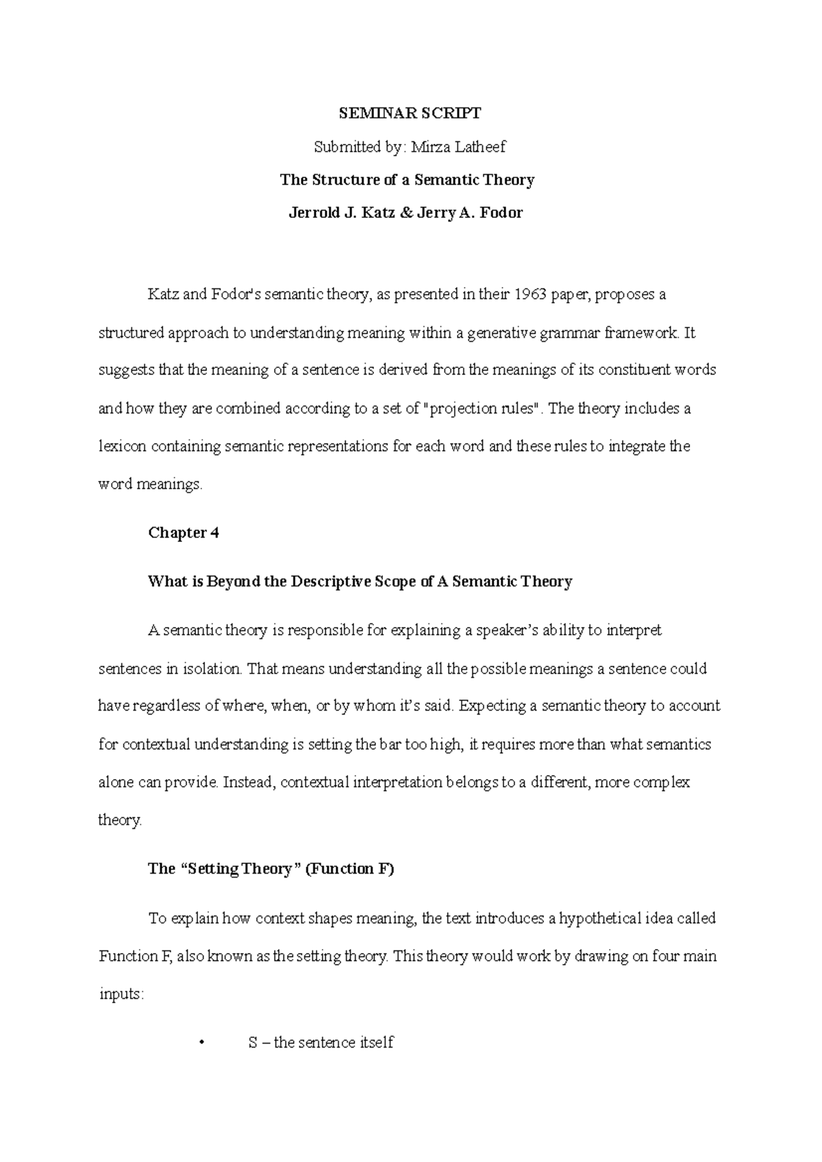 SEMINAR SCRIPT: The Structure of a Semantic Theory Analysis - Studocu