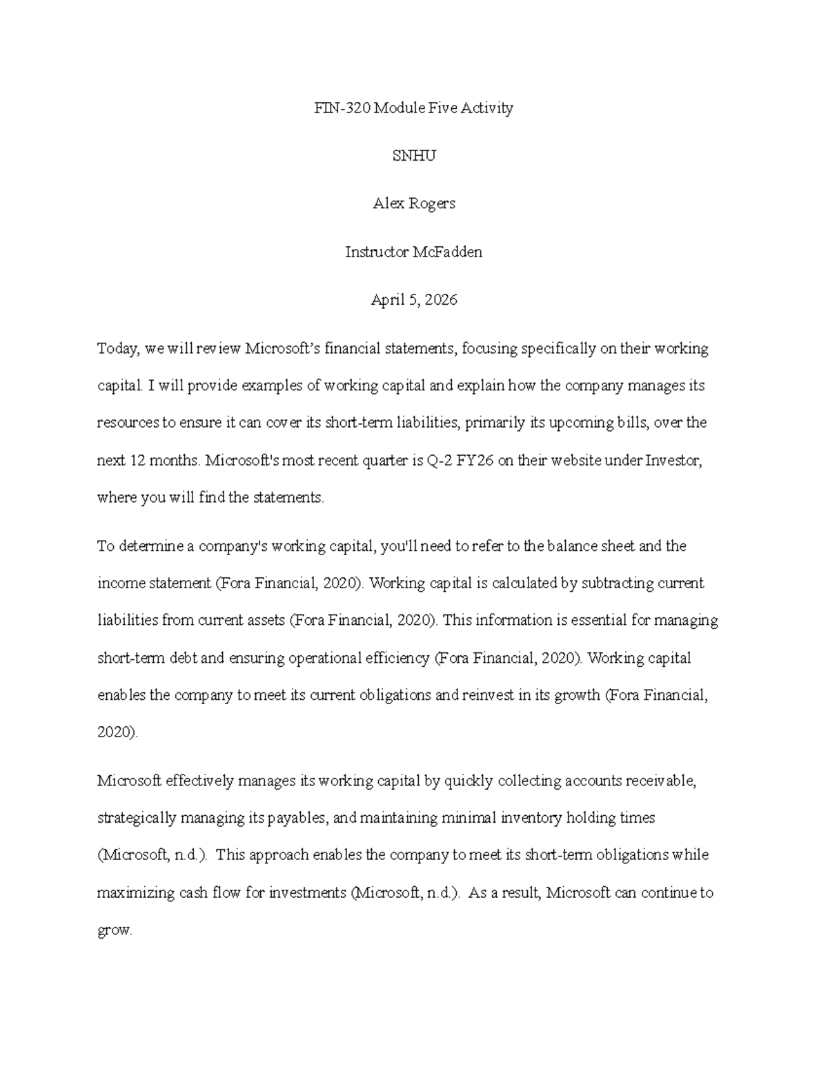 FIN-320 Module 5 Activity: Analyzing Microsoft's Working Capital - Studocu