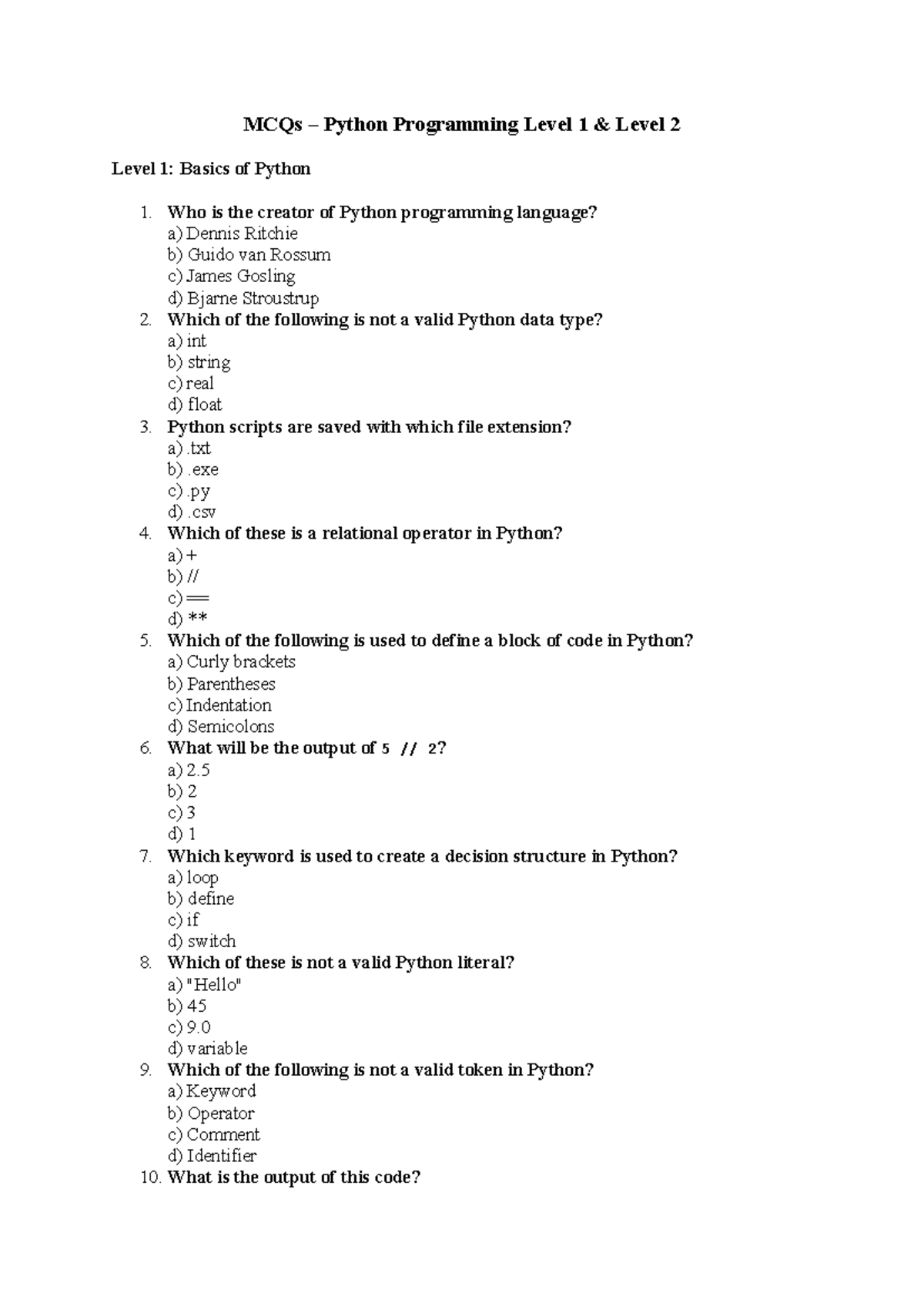 AI Python MCQ - Level 1 & Level 2 Programming Basics - Studocu