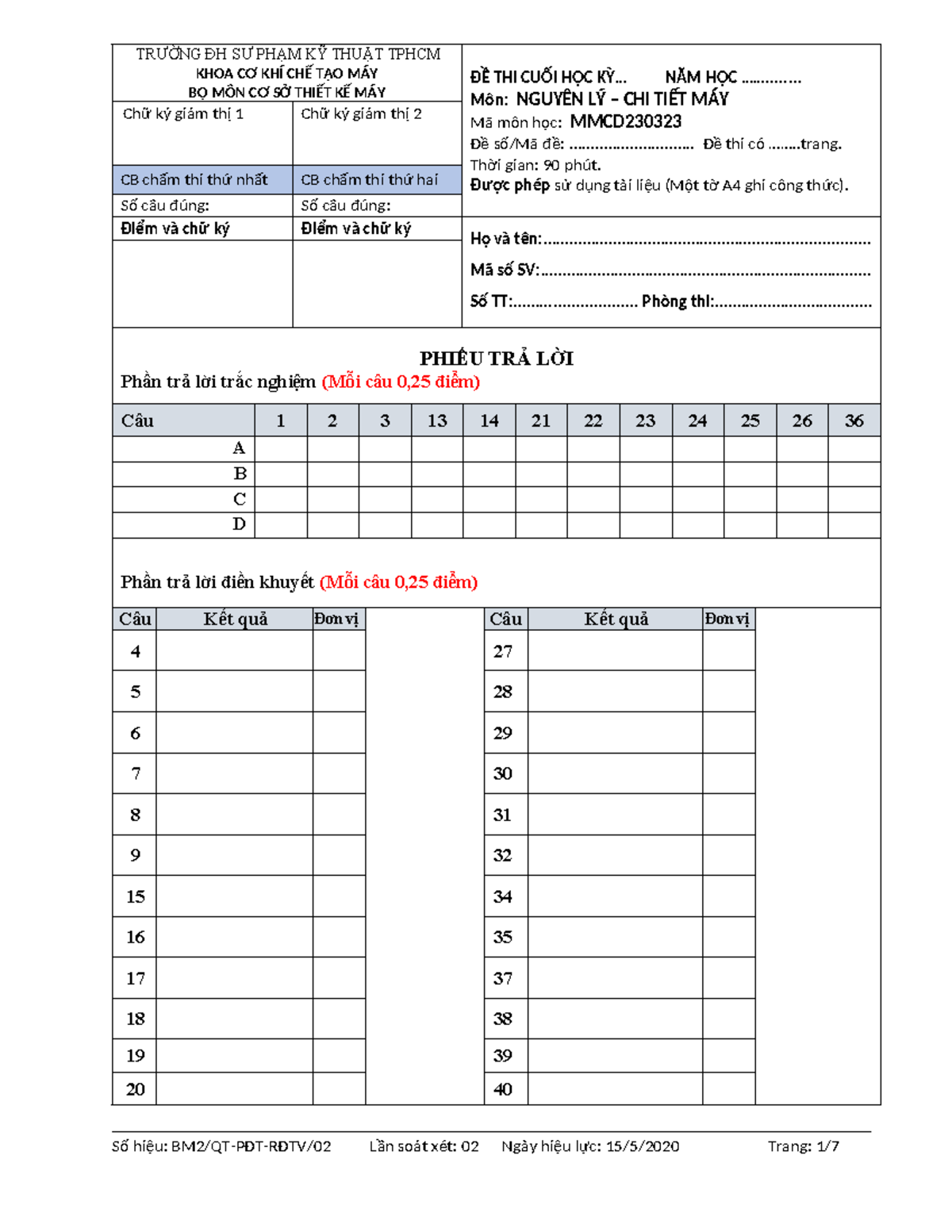 Đề Thi Cuối Học Năm Môn: Nguyên Lý Chi Tiết Máy MMCD230323 - Studocu