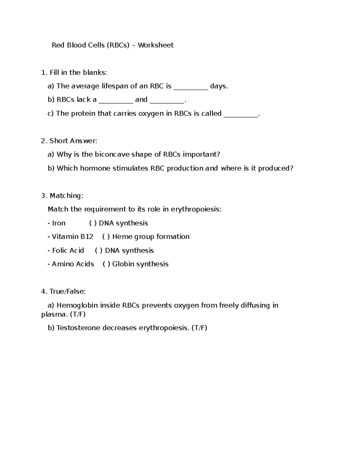 Blood Worksheets: RBCs, WBCs, Hemostasis & Blood Groups - Studocu