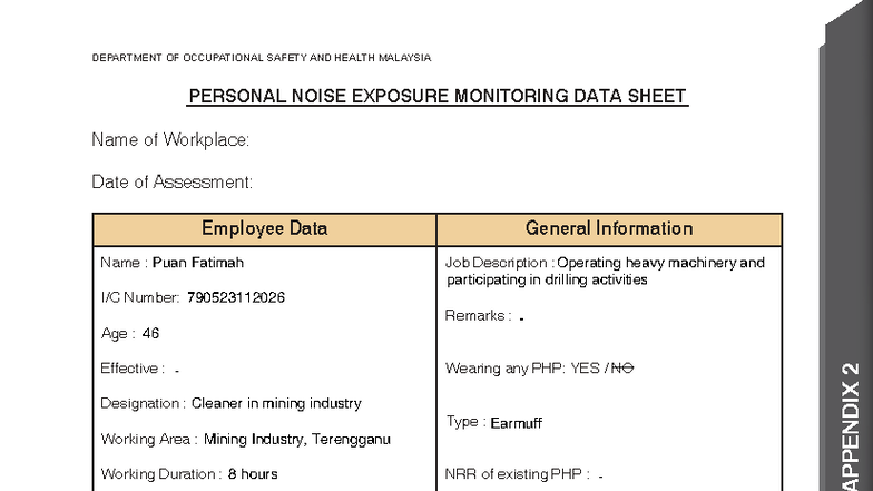 Personal Noise Exposure Monitoring Data Sheet - Occupational Safety ...