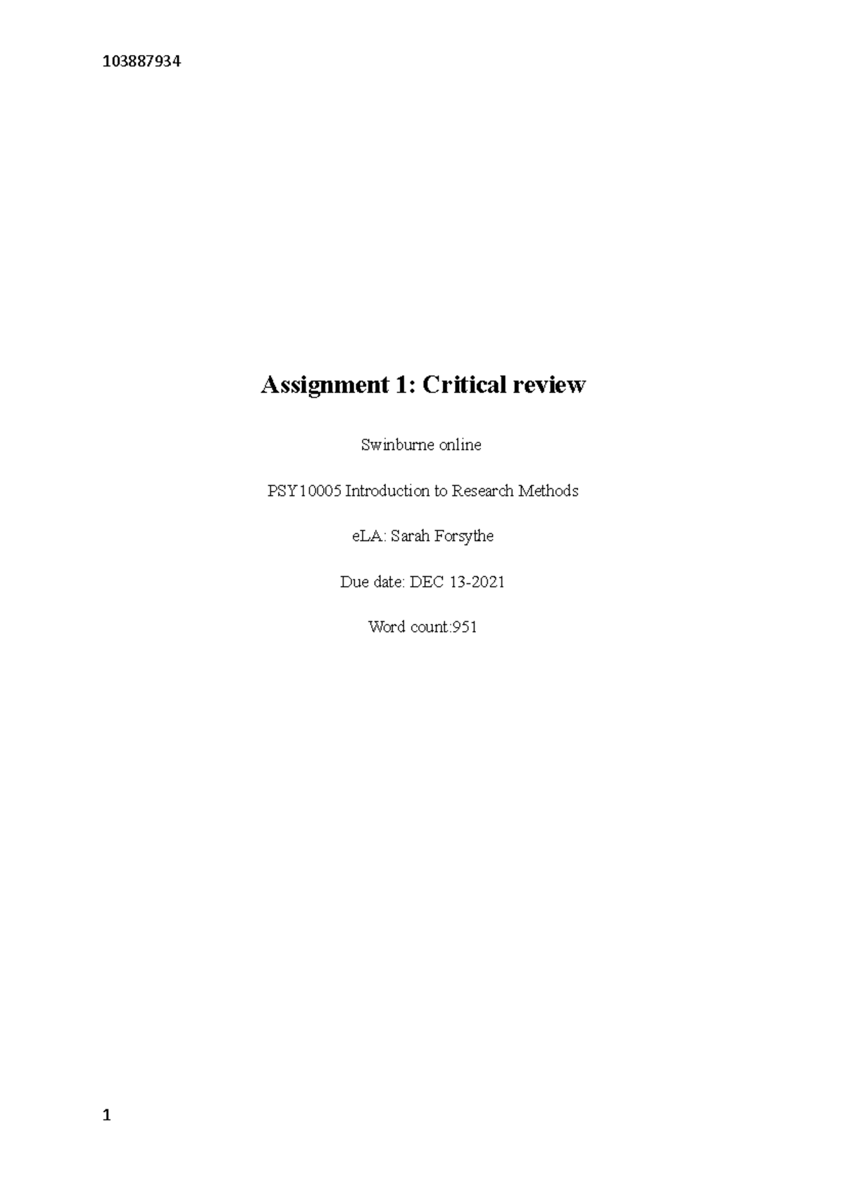 PSY10005 Introduction to Research Methods - Assignment 1: Critical ...