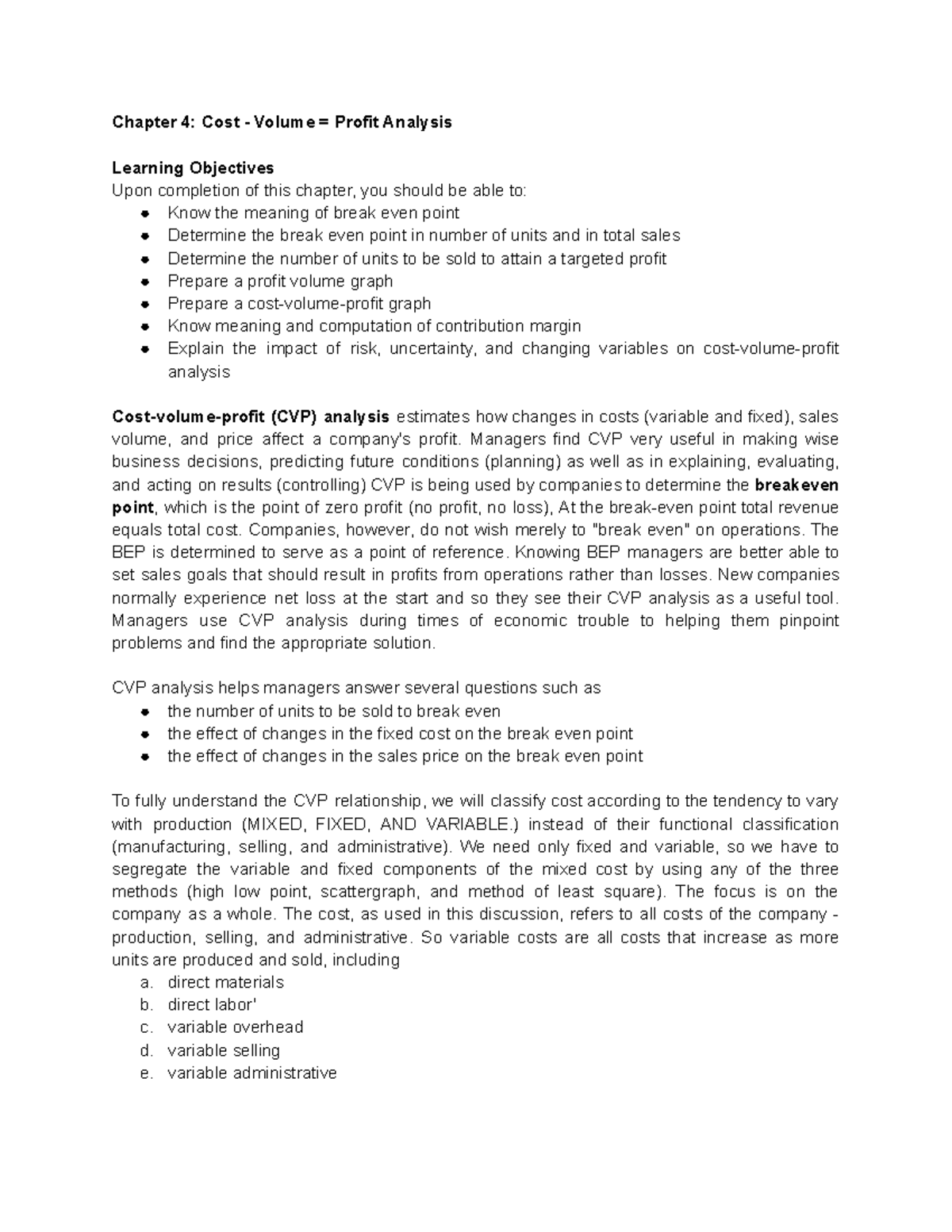 Chapter 4 Cost-Volume-Profit Analysis Study Notes - Final Exam - Studocu
