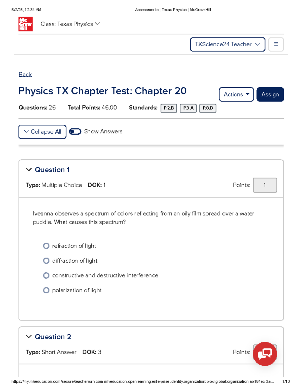 Assessments TXPhysics TXScience24: Chapter 20 Test Questions - Studocu