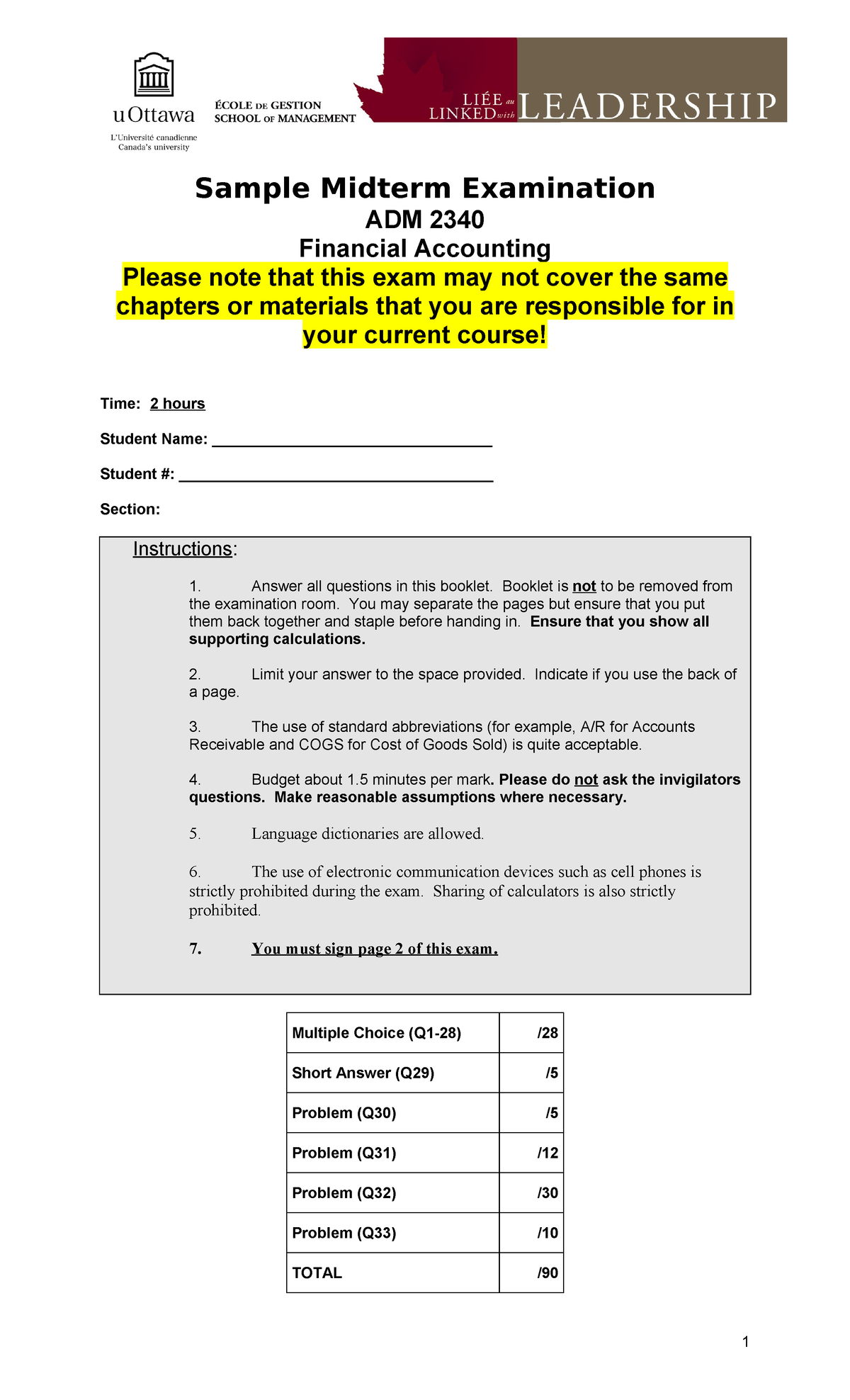 ADM1340 Financial Accounting Midterm Exam Sample Document - Studocu