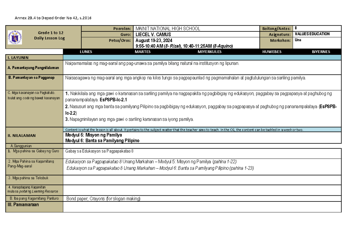VAL ED 8 Q1 Week 4 - Detailed Daily Lesson Log for ESP 8 - Studocu