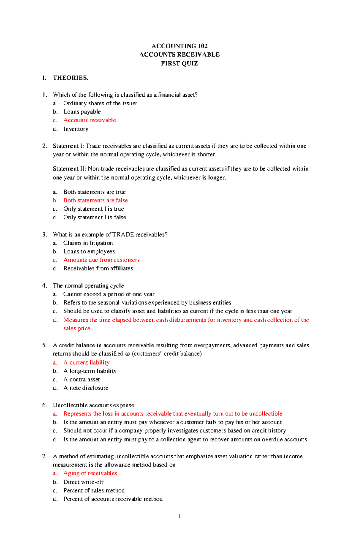 Receivables QUIZ - Warning: TT: undefined function: 32 ACCOUNTING 102 ACCOUNTS RECEIVABLE FIRST ...