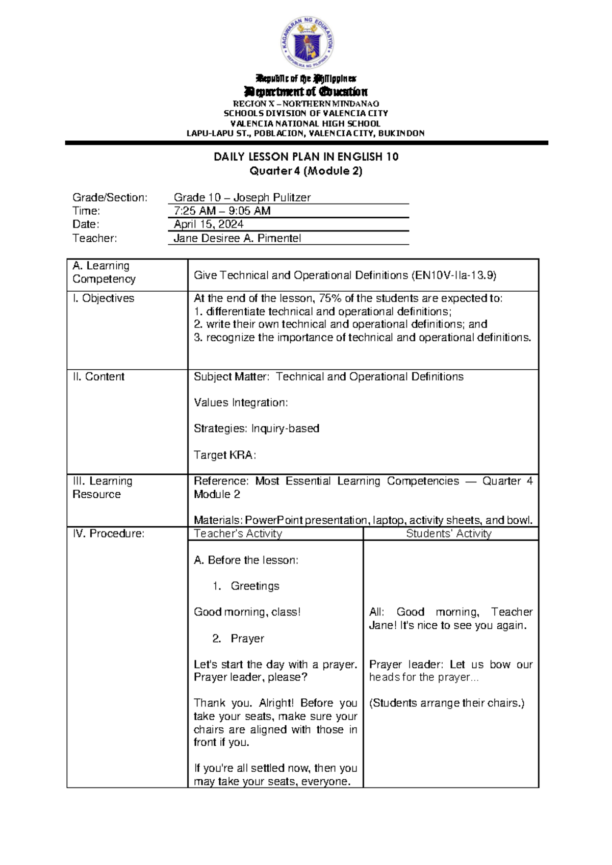 Daily Lesson Plan: Technical & Operational Definitions (EN10V-IIa-13 ...