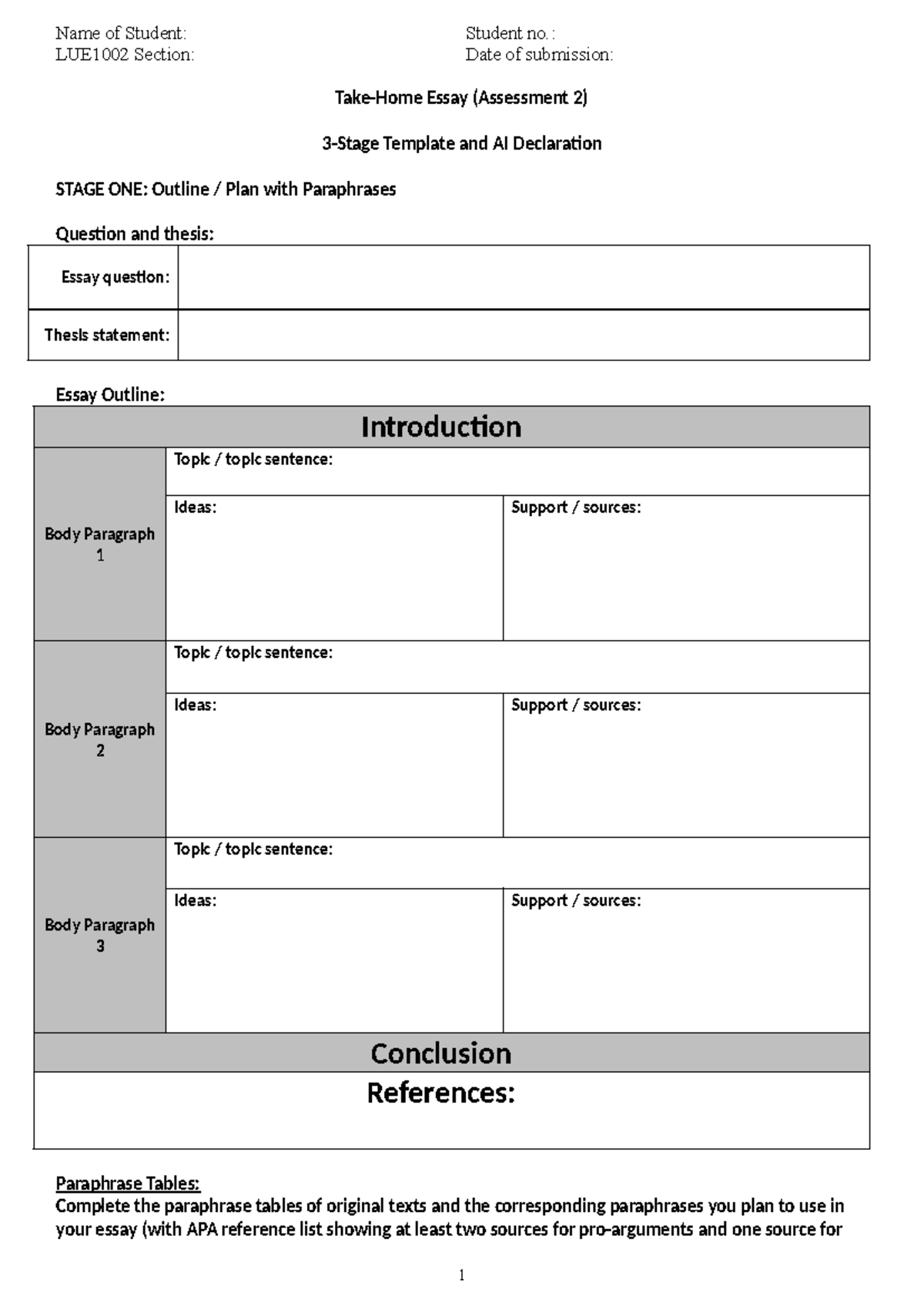 LUE1002 Essay Template: 3-Stage Outline & Draft Submission Guide - Studocu
