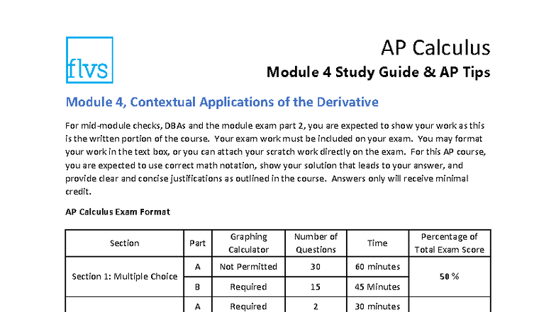 AP Calculus (Module 4) Study Guide: Contextual Applications of ...