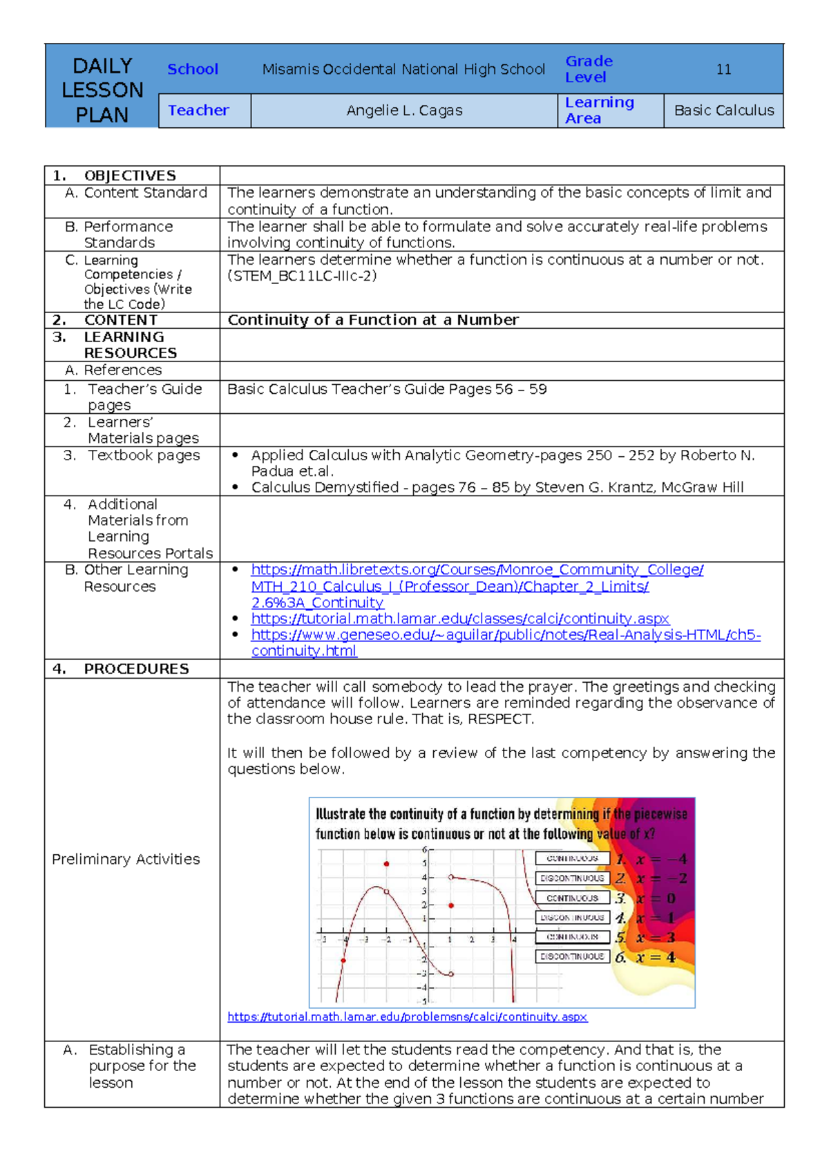 Sample DLP for Basic Calculus (Grade 11): Continuity of Functions - Studocu