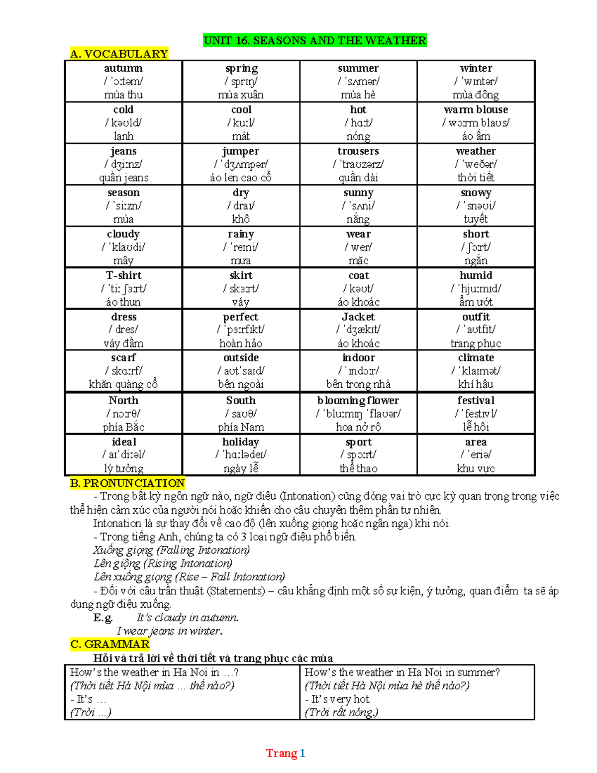 UNIT 16: SEASONS AND WEATHER VOCABULARY & PRONUNCIATION - Studocu