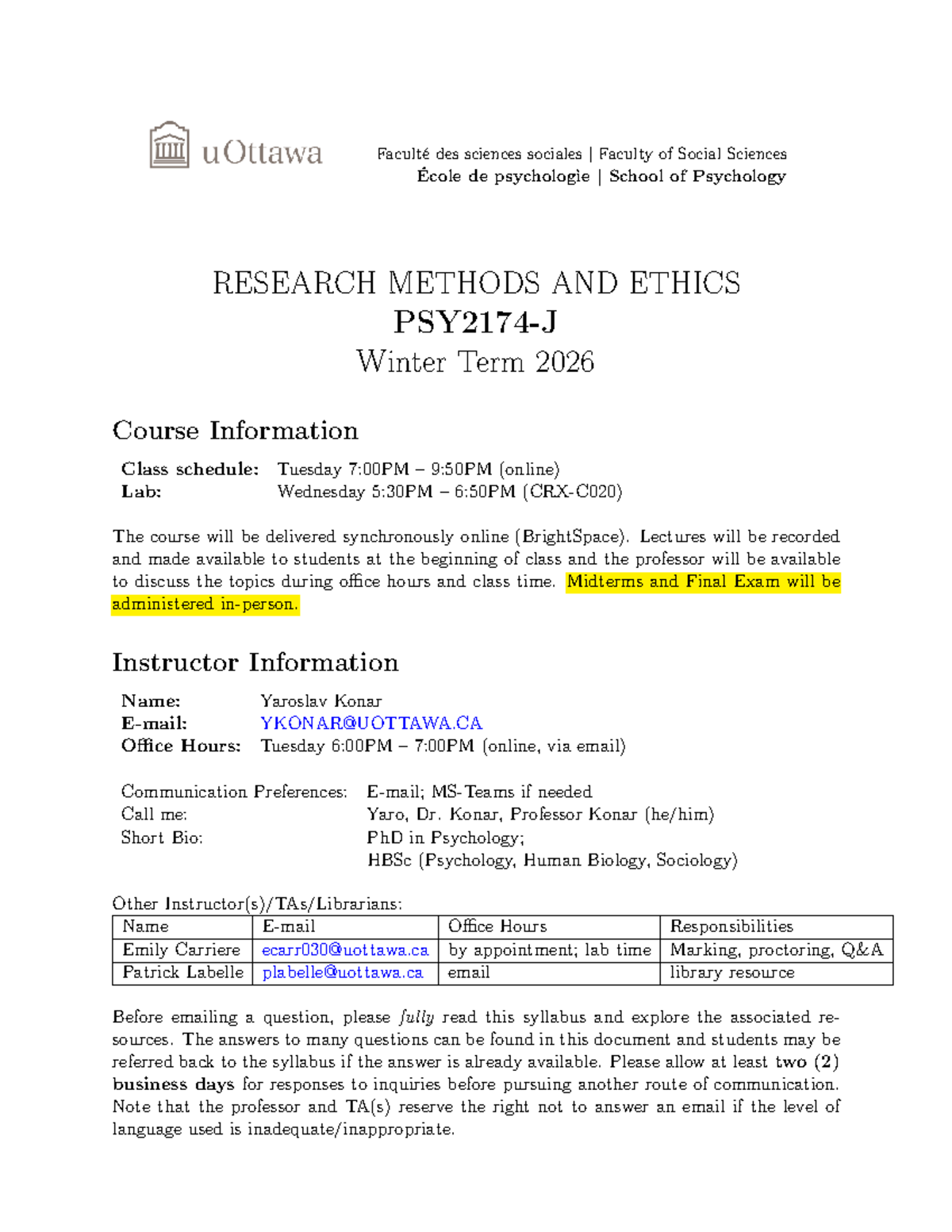 PSY 2174 Research Methods and Ethics Syllabus - Winter 2026 - Studocu