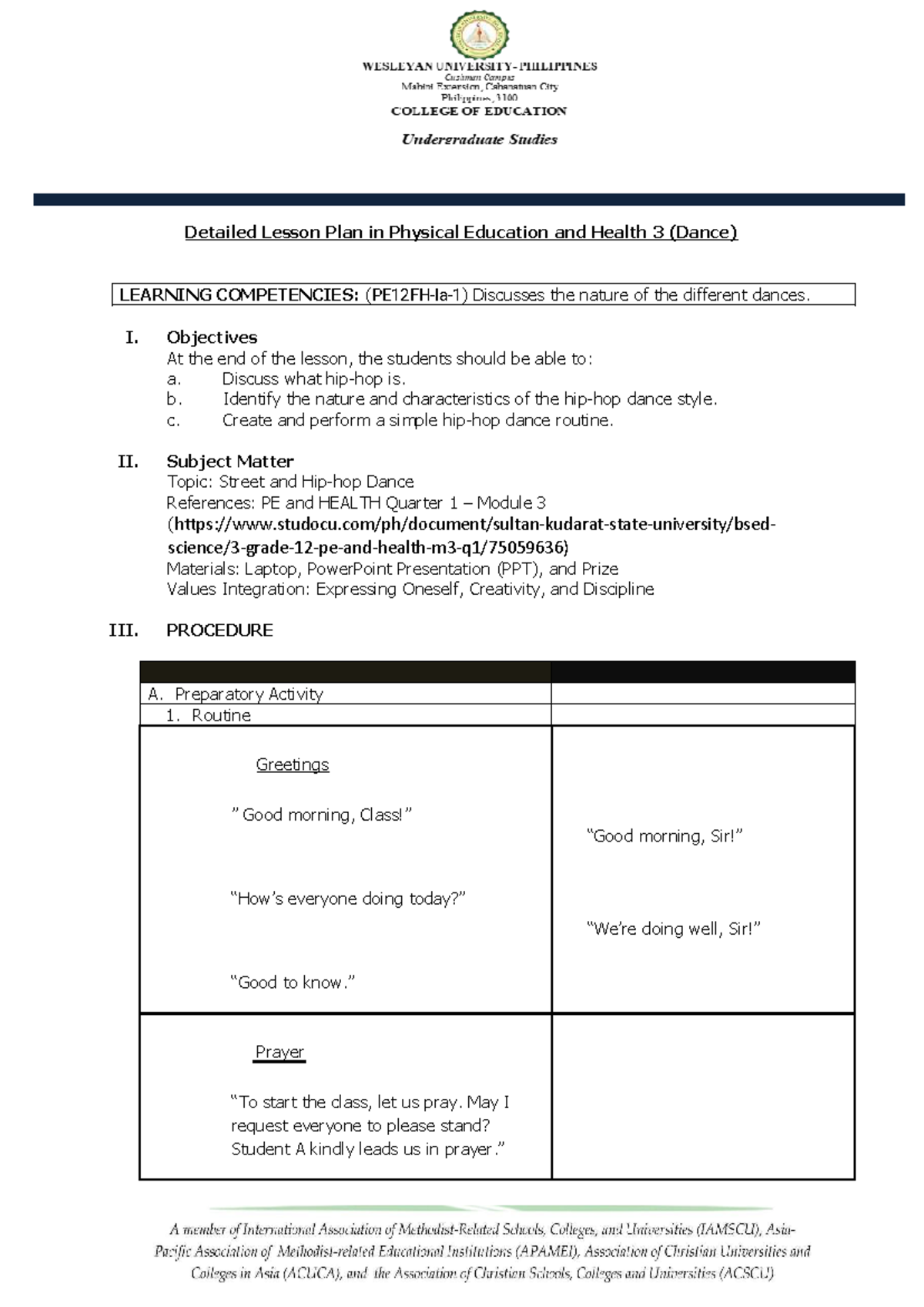 Detailed Lesson Plan in PE & Health 3: Street Dance Techniques - Studocu