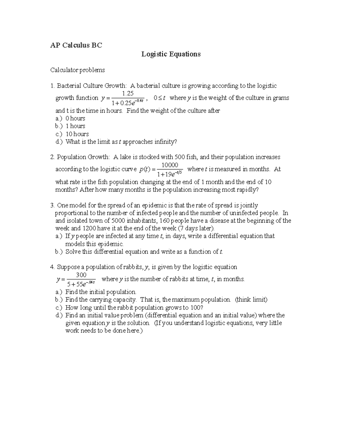 AP Calc BC Logisitics Growth Practice - Homework - AP Calculus BC ...