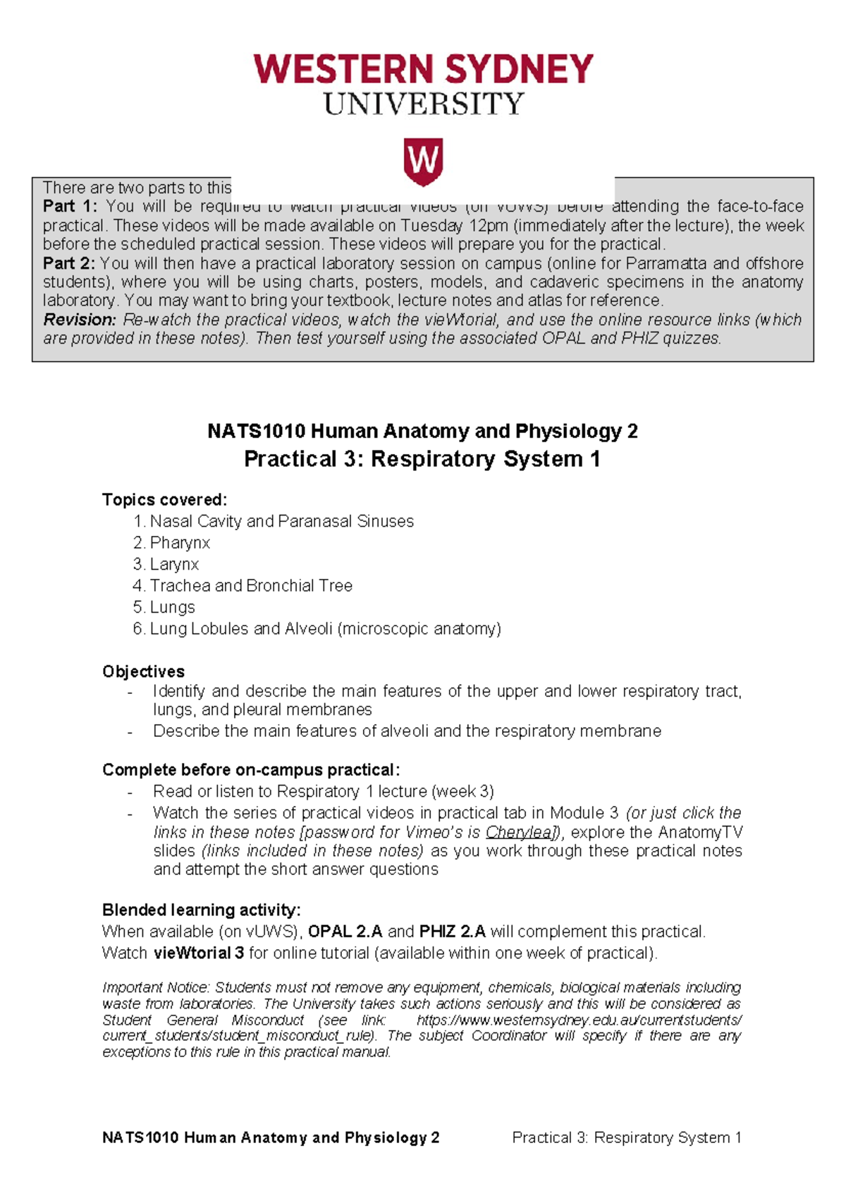 NATS1010 Practical 3: Respiratory System 1 Study Guide - Studocu