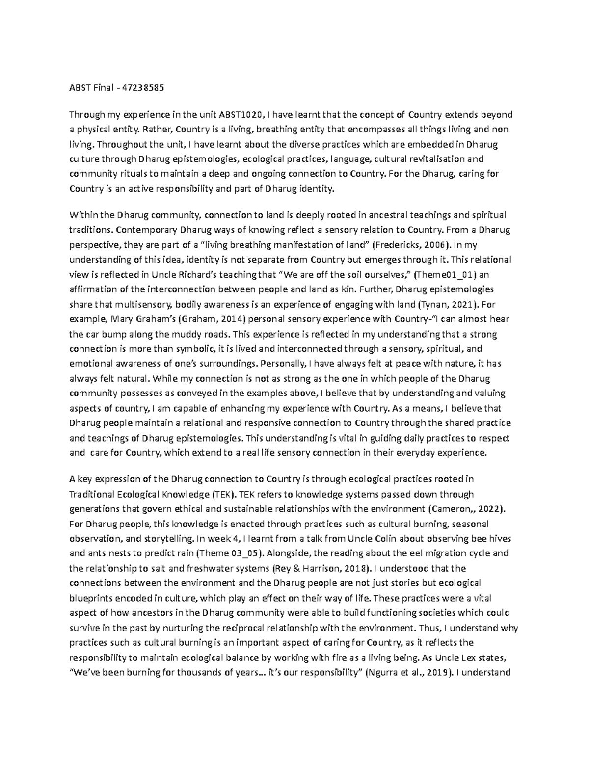 ABST1020 Final Exam Reflection: Understanding Dharug Connection to ...
