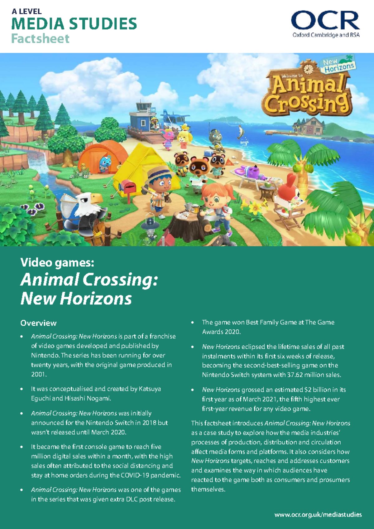 A Level Media Studies Factsheet: Exploring Animal Crossing: New ...