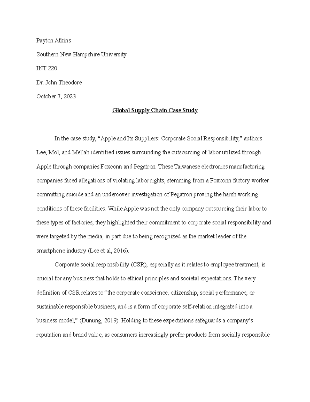 INT 220 Case Study: Apple's CSR Challenges in Global Supply Chain - Studocu