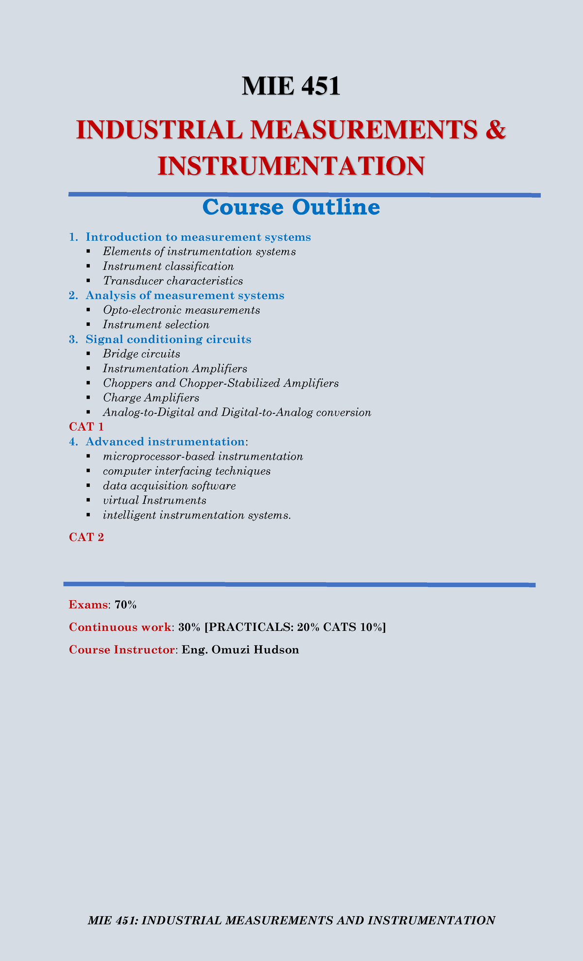 MIE 451: Industrial Measurements & Instrumentation Course Outline and ...