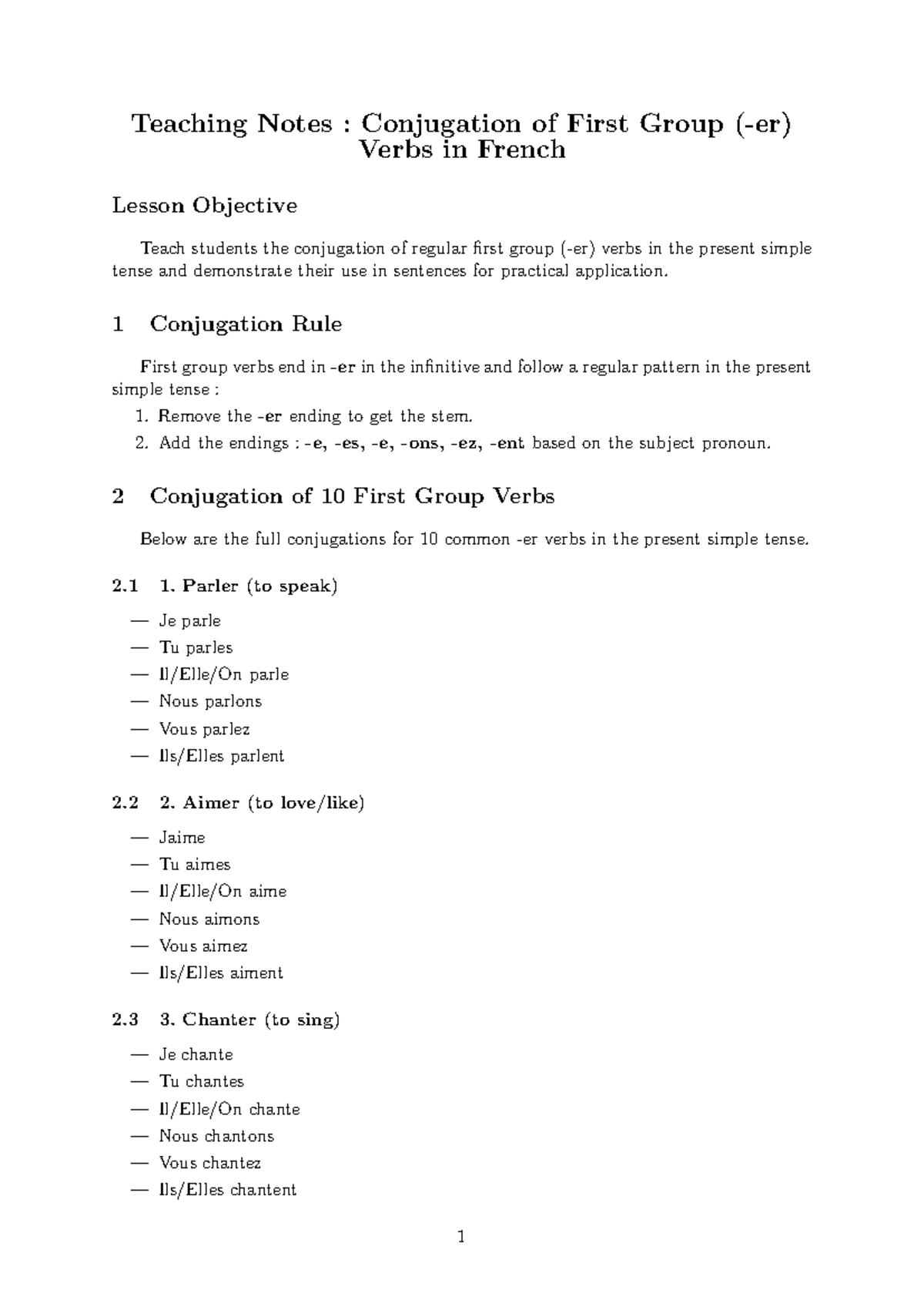 Teaching Notes: Conjugation of 1st Group Verbs in French Lesson - Studocu