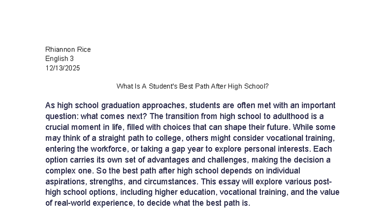 English 3 Essay: Best Paths After High School Explained - Studocu